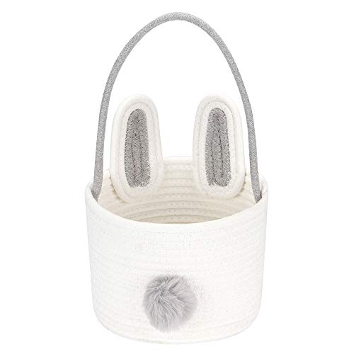 Sea Team Easter Bunny Basket for Eggs Hunt, Easter Eggs Bucket, Small Woven Cotton Rope Tote Bag with Rabbit Ears & Fluffy Tail for Kids, Easter Days Decoration, Party, Holidays, Gray