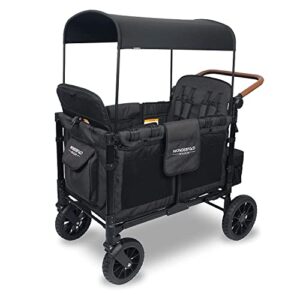 wonderfold w4 luxe quad stroller wagon featuring 4 high face-to-face seats with magnetic buckle 5-point harnesses and adjustable/removable uv-protection canopy, black