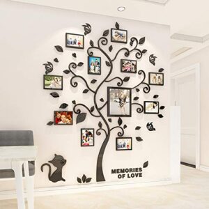 3d black trunk leaves wall stickers happy family tree decal diy decor sticker with four diy vertical bars photo frames (black, m)