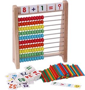 cltoyvers wooden abacus for kids math with 100 counting sticks and number toys cards 1-100, educational math games preschool learning toys, math manipulatives for elementary 1st 2nd grade