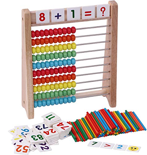 Cltoyvers Wooden Abacus for Kids Math with 100 Counting Sticks and Number Toys Cards 1-100, Educational Math Games Preschool Learning Toys, Math Manipulatives for Elementary 1st 2nd Grade