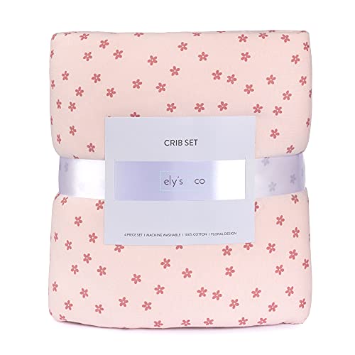 Ely's & Co. Baby Crib Bedding Sets for Girls — Perfect for Toddler Beds — 4 Piece Set Includes Crib Sheet, Quilted Blanket, Crib Skirt, and Baby Pillowcase — Pink Floral Design