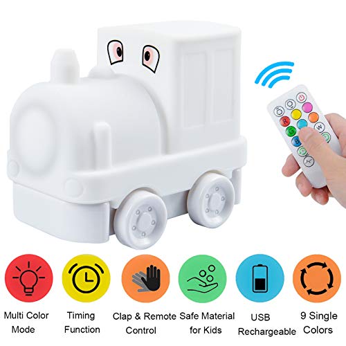 Yuede LED Night Lights for Kids, Cute Animal Silicone USB Rechargeable Night Light - 9 Colors Changing with Touch Sensor and Remote Control for Baby/Kids/Adult Gifts (Train)