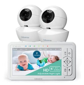 babysense 5" hd split-screen baby monitor, video baby monitor with camera and audio, two hd cameras with remote ptz, night light, 960ft range, two-way audio, 4x zoom, night vision, 4000mah battery