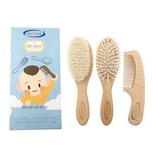 baby hair brush & comb set, organic wooden hairbrush natural goat bristles 3-piece for newborns & toddlers, ideal for cradle cap & itching, perfect shower and registry gift for infant, toddler, kids