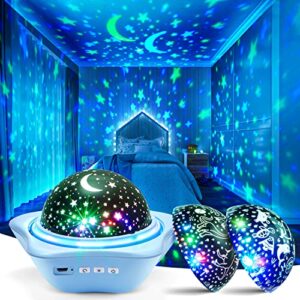 one fire night light for kids, 48 lighting modes star lights for bedroom, 360° rotating+3 films baby night light projector, usb rechargeable kids night lights for bedroom, star lights for room decor