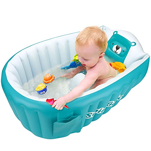 SHXKUAN Inflatable Bathing Tub for Toddler,Non Slip Safety Thick Cushion Central Seat,Portable Travel Seat Baths Baby Swimming Pool for 0-5 Year(Blue)