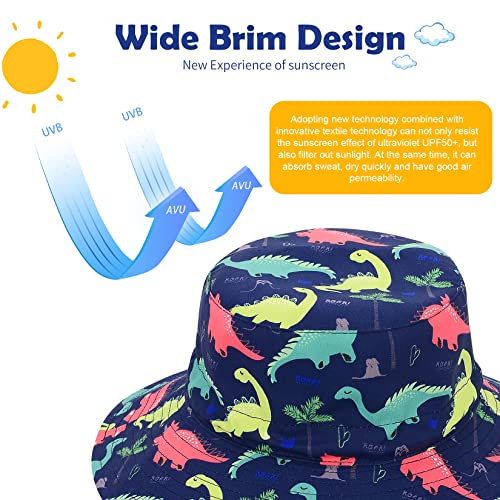 Baby Sun Hat UPF 50+ Sun Protective Toddler Bucket Hat Summer Kids Beach Hats Wide Brim Outdoor Play Hat for Boys Girls Navy Dinosaur 2-4T