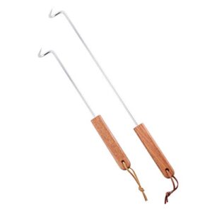 lqlmcos 2pcs food flipper turner hooks stainless steel bbq meat hooks cooking barbecue turners hooks grill accessories with wooden handle for grilling & smoking (17.5 in+12.5 in)