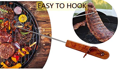 LQLMCOS 2Pcs Food Flipper Turner Hooks Stainless Steel BBQ Meat Hooks Cooking Barbecue Turners Hooks Grill Accessories with Wooden Handle for Grilling & Smoking (17.5 in+12.5 in)