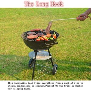 LQLMCOS 2Pcs Food Flipper Turner Hooks Stainless Steel BBQ Meat Hooks Cooking Barbecue Turners Hooks Grill Accessories with Wooden Handle for Grilling & Smoking (17.5 in+12.5 in)