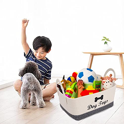 Brabtod Cotton Rope Basket | Cotton Dog Toy Basket Storage,Storage bin with Long Handle for Toys Blanket in Living Room, Baby Nursery-Beige/Dark Mixgray