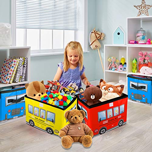 Kids Toy Chest,Toy Chest, Collapsible Storage Cubes Organizer with Handles, Kids Toy Bin with Lids, School Bus Pattern Toy Storage Organizer for Boys, Girls, Playroom, Closet, Living Room, 3 Packs