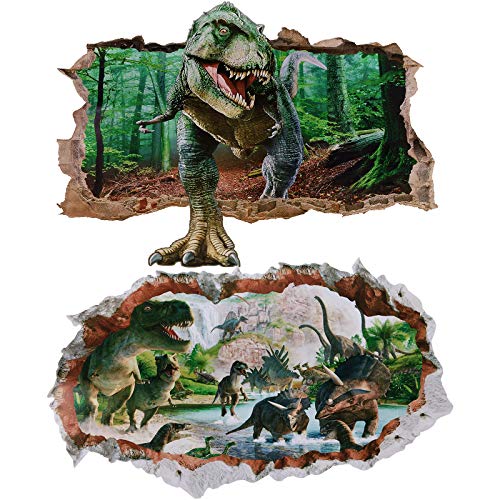 2 Sheets Dinosaur Wall Decals Dinosaur Forest Wall Stickers Self Adhesive 3D Smashed Wall Arts Removable Wall Mural Decals for Kids Nursery Bedroom Living Room (Jumping Dinosaurs)