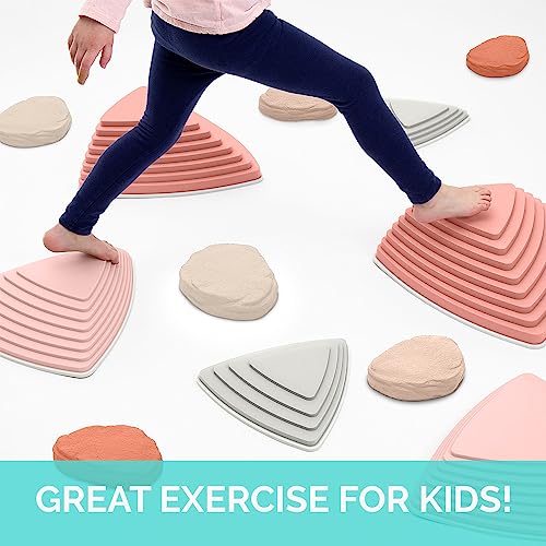 JumpOff Jo - Rocksteady Plus - Balance & Coordination Enhancing Blocks and Puddle Jumper Foam Stones, Sensory Toys for Kids - Indoor and Outdoor Obstacle Course, Set of 12 Pieces - Desert Rose