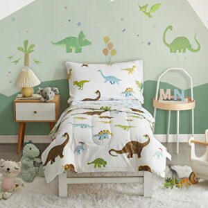 uozzi bedding 4 pieces toddler bedding set dinosaur white includes comforter, flat sheet, fitted sheet and pillowcase