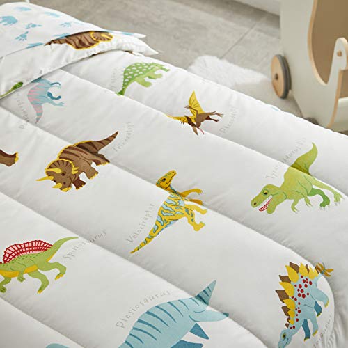 UOZZI BEDDING 4 Pieces Toddler Bedding Set Dinosaur White Includes Comforter, Flat Sheet, Fitted Sheet and Pillowcase