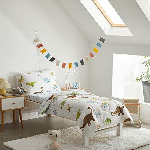 UOZZI BEDDING 4 Pieces Toddler Bedding Set Dinosaur White Includes Comforter, Flat Sheet, Fitted Sheet and Pillowcase