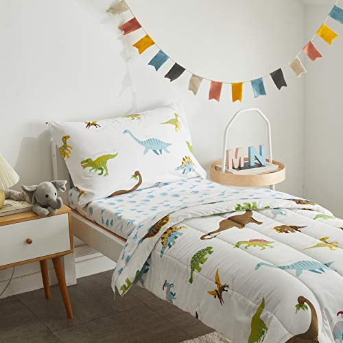 UOZZI BEDDING 4 Pieces Toddler Bedding Set Dinosaur White Includes Comforter, Flat Sheet, Fitted Sheet and Pillowcase