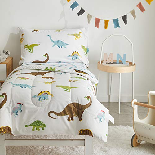 UOZZI BEDDING 4 Pieces Toddler Bedding Set Dinosaur White Includes Comforter, Flat Sheet, Fitted Sheet and Pillowcase