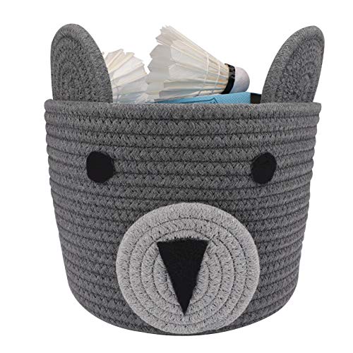 Cotton Rope Basket Small Woven Storage Basket Bear Pattern Decorative Hampers | LONTAN Design Collapsible Baby Hamper Small Bins for Toys, Snacks, 8''X7'', Gray