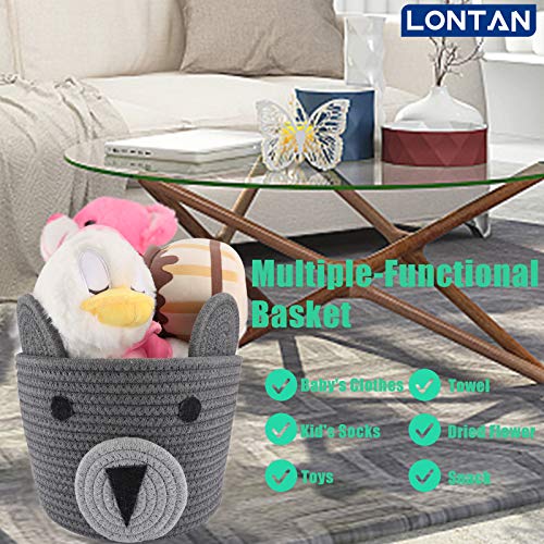 Cotton Rope Basket Small Woven Storage Basket Bear Pattern Decorative Hampers | LONTAN Design Collapsible Baby Hamper Small Bins for Toys, Snacks, 8''X7'', Gray