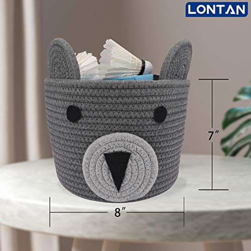 Cotton Rope Basket Small Woven Storage Basket Bear Pattern Decorative Hampers | LONTAN Design Collapsible Baby Hamper Small Bins for Toys, Snacks, 8''X7'', Gray