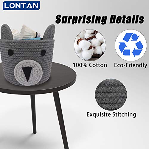 Cotton Rope Basket Small Woven Storage Basket Bear Pattern Decorative Hampers | LONTAN Design Collapsible Baby Hamper Small Bins for Toys, Snacks, 8''X7'', Gray