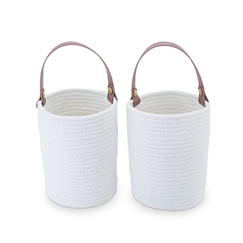 JJSQYLAN Hanging Basket(2Piece) Wall Woven Cotton Rope Storage Basket with Leather Decorative Baskets Organizer for Kitchen Office Bedroom,Plants,Towels, Toys