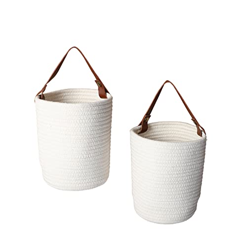 JJSQYLAN Hanging Basket(2Piece) Wall Woven Cotton Rope Storage Basket with Leather Decorative Baskets Organizer for Kitchen Office Bedroom,Plants,Towels, Toys