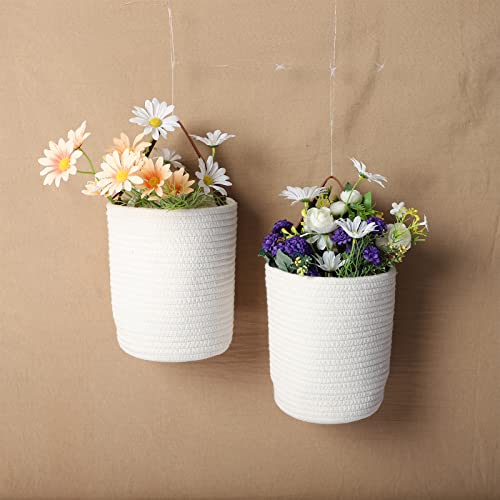 JJSQYLAN Hanging Basket(2Piece) Wall Woven Cotton Rope Storage Basket with Leather Decorative Baskets Organizer for Kitchen Office Bedroom,Plants,Towels, Toys