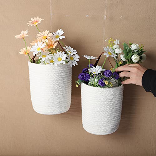 JJSQYLAN Hanging Basket(2Piece) Wall Woven Cotton Rope Storage Basket with Leather Decorative Baskets Organizer for Kitchen Office Bedroom,Plants,Towels, Toys