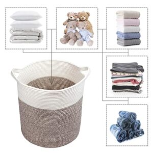 Laundry Basket 2pc by COMFY-HOMI Large Basket 18"X16" Tall Woven Cotton rope Basket with Handles Decorative Basket for Blankets Round Storage Basket for living room,Clothes,Pillows,Towels(White Brown)