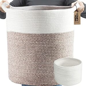 Laundry Basket 2pc by COMFY-HOMI Large Basket 18"X16" Tall Woven Cotton rope Basket with Handles Decorative Basket for Blankets Round Storage Basket for living room,Clothes,Pillows,Towels(White Brown)