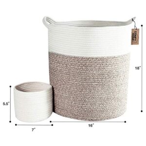 Laundry Basket 2pc by COMFY-HOMI Large Basket 18"X16" Tall Woven Cotton rope Basket with Handles Decorative Basket for Blankets Round Storage Basket for living room,Clothes,Pillows,Towels(White Brown)