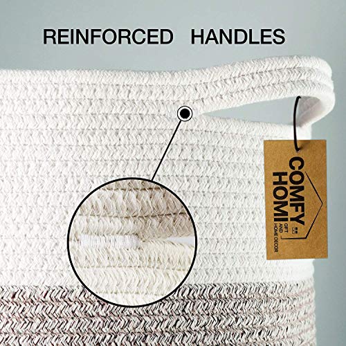 Laundry Basket 2pc by COMFY-HOMI Large Basket 18"X16" Tall Woven Cotton rope Basket with Handles Decorative Basket for Blankets Round Storage Basket for living room,Clothes,Pillows,Towels(White Brown)