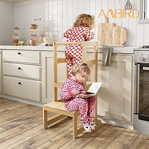 AMBIRD Toddler Step Stool, 3 Adjustable Height Kitchen Step Stool for 18-48 Months Kids, Wooden Toddler Kitchen Stool with Rail & Non-Slip Mat for Kitchen & Bathroom Sink (Natural Color)