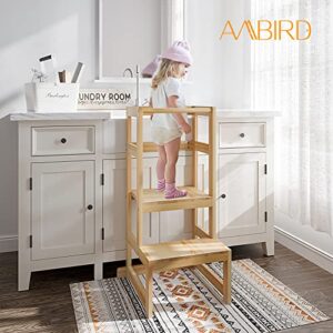 AMBIRD Toddler Step Stool, 3 Adjustable Height Kitchen Step Stool for 18-48 Months Kids, Wooden Toddler Kitchen Stool with Rail & Non-Slip Mat for Kitchen & Bathroom Sink (Natural Color)