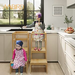 AMBIRD Toddler Step Stool, 3 Adjustable Height Kitchen Step Stool for 18-48 Months Kids, Wooden Toddler Kitchen Stool with Rail & Non-Slip Mat for Kitchen & Bathroom Sink (Natural Color)