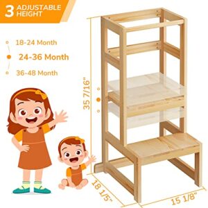 AMBIRD Toddler Step Stool, 3 Adjustable Height Kitchen Step Stool for 18-48 Months Kids, Wooden Toddler Kitchen Stool with Rail & Non-Slip Mat for Kitchen & Bathroom Sink (Natural Color)