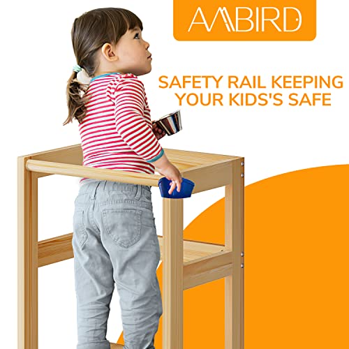 AMBIRD Toddler Step Stool, 3 Adjustable Height Kitchen Step Stool for 18-48 Months Kids, Wooden Toddler Kitchen Stool with Rail & Non-Slip Mat for Kitchen & Bathroom Sink (Natural Color)