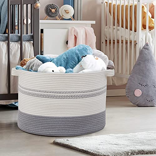 OIAHOMY Cotton Rope Basket 20x20x13 inches Laundry Basket Blanket Basket Baby Toy Basket with Handles Woven Baskets for Storage