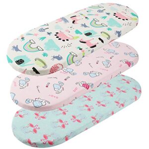 tontukatu bassinet sheet set 3 pack jersey knit ultra soft flexible breathable baby girl boy fit for halo, miclassic, chicco lullago mattress and more flamingo elephant horse lt green pink