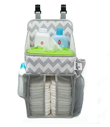 Chevron Pattern Diaper Caddy and Nursery Organizer for Newborn Baby Essentials, Hang on Crib, Baby Bed. Changing Table or Wall. Multiple Pockets to Store Wipes, Creams, Lotions, Toys and More.