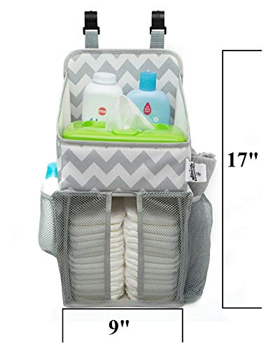 Chevron Pattern Diaper Caddy and Nursery Organizer for Newborn Baby Essentials, Hang on Crib, Baby Bed. Changing Table or Wall. Multiple Pockets to Store Wipes, Creams, Lotions, Toys and More.