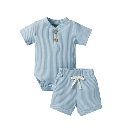 Ledy Champswiin Summer Newborn Baby Boy Girl Clothes Set Ribbed Outfits Unisex Infant Solid Short Sleeve Tops Shorts 2PCS