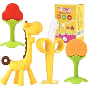 baby teething toys, silicone baby teether soothe babies gums, banana toothbrushes, fruit shape giraffe teething toys with storage case/bpa-free teether set for toddler