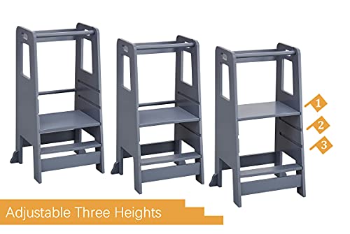 Kid's Wooden Kitchen Step Stool, Adjustable Platform Standing Tower, with Safety Guardrail Child Studying Tower, Toddler Stool for Bathroom, Cooking Helper（Grey）