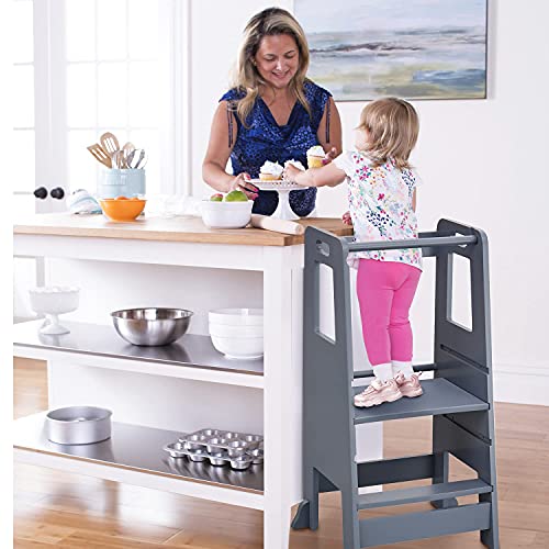 Kid's Wooden Kitchen Step Stool, Adjustable Platform Standing Tower, with Safety Guardrail Child Studying Tower, Toddler Stool for Bathroom, Cooking Helper（Grey）