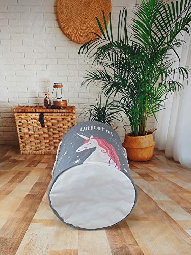 VAIVUSTO Round Laundry Basket Waterproof Canvas Large Clothes Basket Laundry Hamper with Rope Handles Cute Cartoon Kids Nursery Hamper for Kids Room Toy Storage Girls Room Decor (Gray Unicorn)